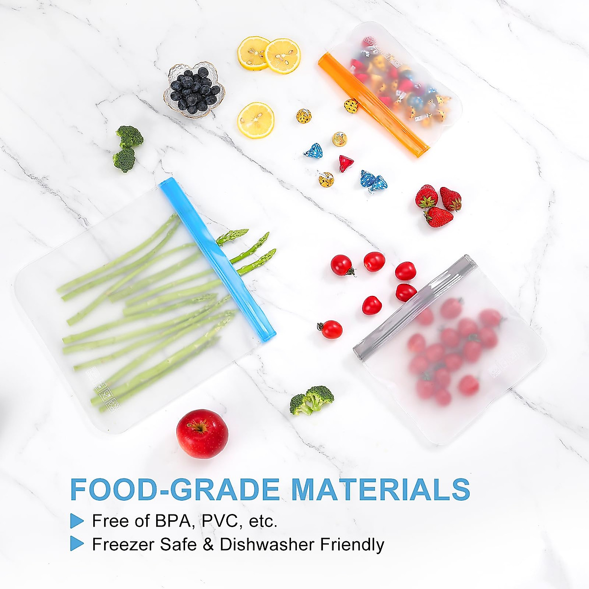 24 Pack Dishwasher Safe Reusable Bags Silicone, Extra Thick Leakproof Reusable Freezer Bags, BPA Free Reusable Sandwich Bags for Lunch Meat Veggies (6 Gallon 9 Snack 9 Sandwich Bags)