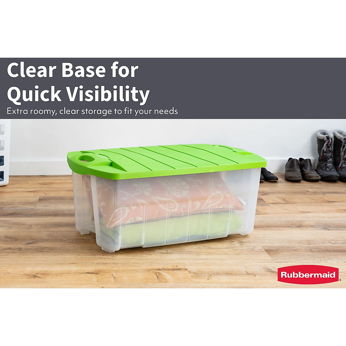 Rubbermaid 28 Gallon/112 Quart Jumbo Clear Tote, Pack of 2, Stackable, Large Capacity, Clear Bins/Bright Green Lids, Home, Garage, and Office Storage Organizer, Durable Snap-Tight Lids