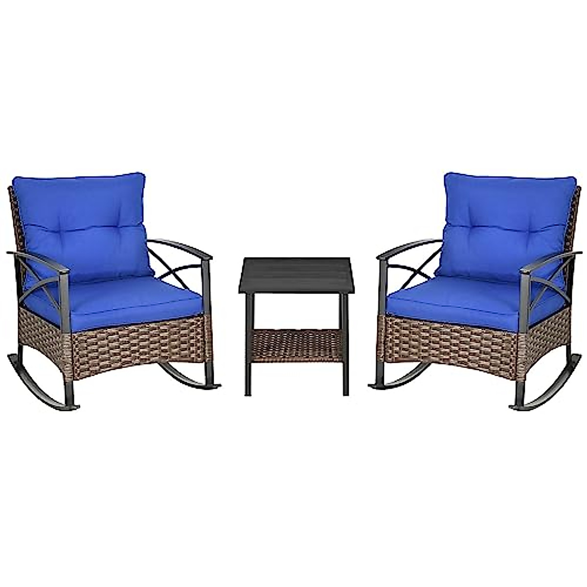 Outsunny 3 Piece Rocking Bistro Set, Outdoor Wicker Patio Furniture, 2 Porch Rocker Chairs with Glass Coffee Table, Tufted Cushions, Patio Conversation Set, Dark Blue