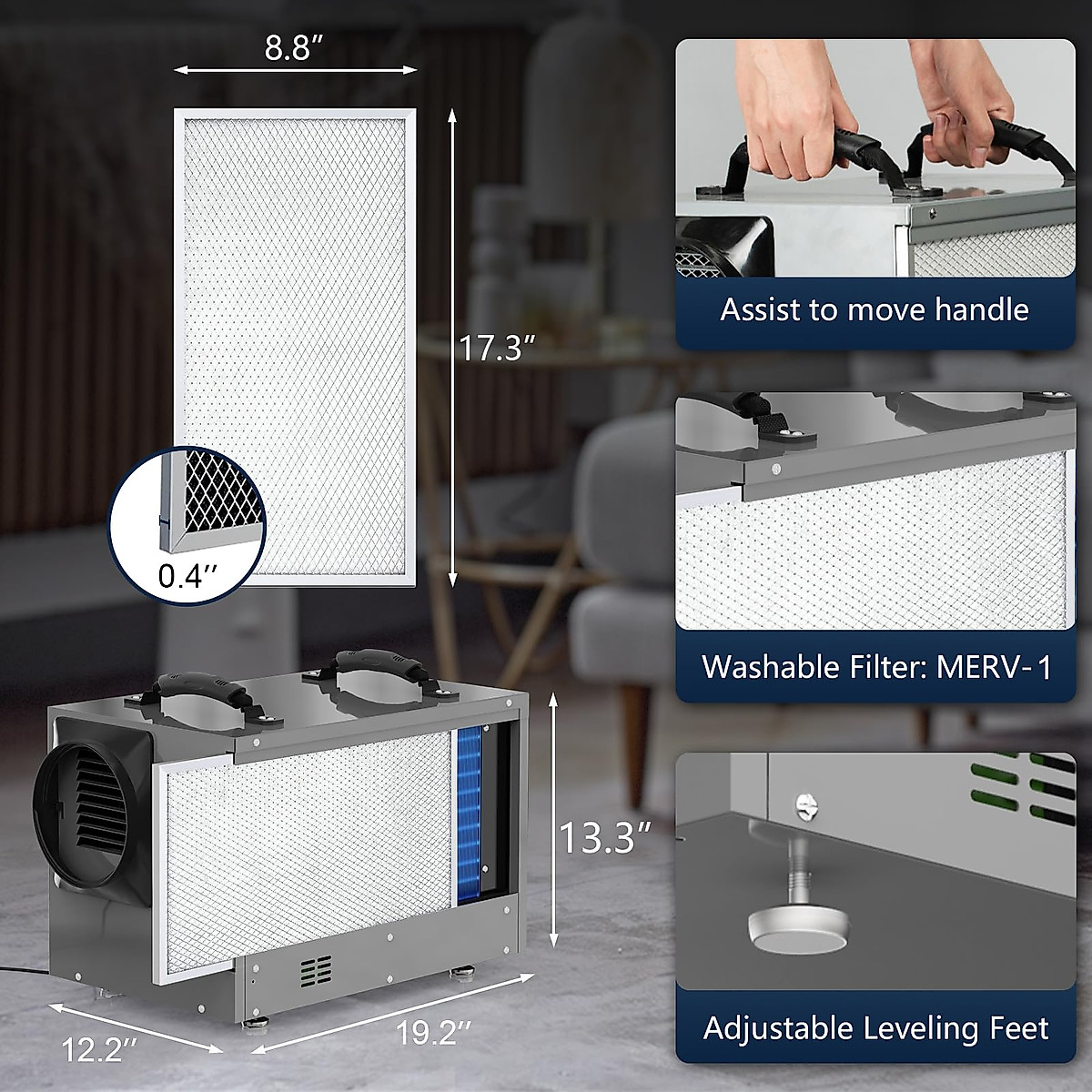 BaseAire 113 Pint Commercial Dehumidifier with Drain Hose for Crawl Spaces, Basements, Whole House, Compact, Portable, Auto Defrost, Memory Starting, 5 Years Warranty, Commercial Industrial Home Use