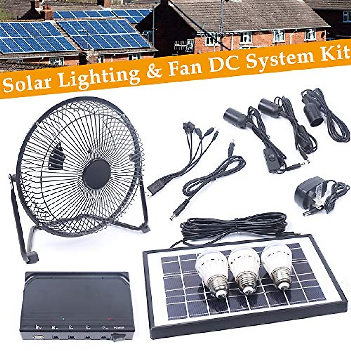 DYRABREST Solar Generator Portable Lighting System Kit, Solar Powered Panel+Fan+3x1W 12V Bulbs