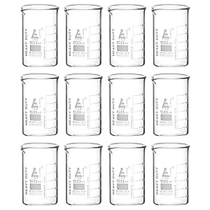 EISCO 12PK Heavy Duty Beakers, 50ml - 5mm Thick, Uniform Walls - Superior Durability & Chemical Resistance - White Graduations - Borosilicate 3.3 Glass