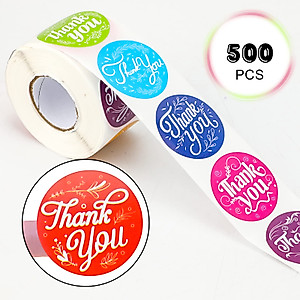 Qpout Thank You Stickers 1.5 inch, Colorful Thank You Stickers, 500 Pieces Thank You Stickers Small Business, Thank You Stickers for Packaging, Red Green Blue Orange Purple Thank You Sticker, 1 Roll