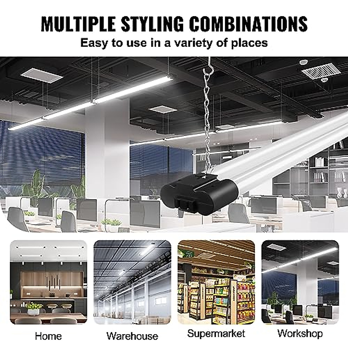 VEVOR 4 Pack LED Shop Light, 4 FT, 40W Linkable Shop Light Fixture, 4500 LM Surface & Hanging Mount Ceiling Lights 59 in Power Cords with ON/Off Switch, for Garage Warehouse Home Workkshop and Office
