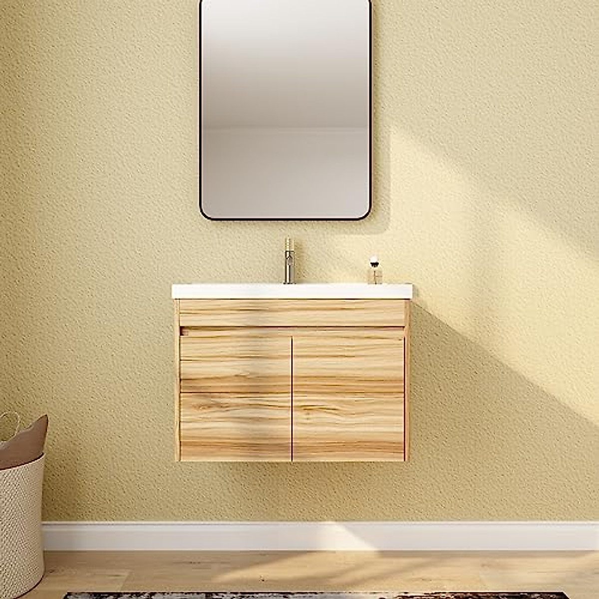 Sybrioka Floating Bathroom Vanity with Ceramic Sink, 28 Inch Modern Vanity Cabinet Wall Mounted, Bath Storage Cabinet Vanity Set with Wood Door