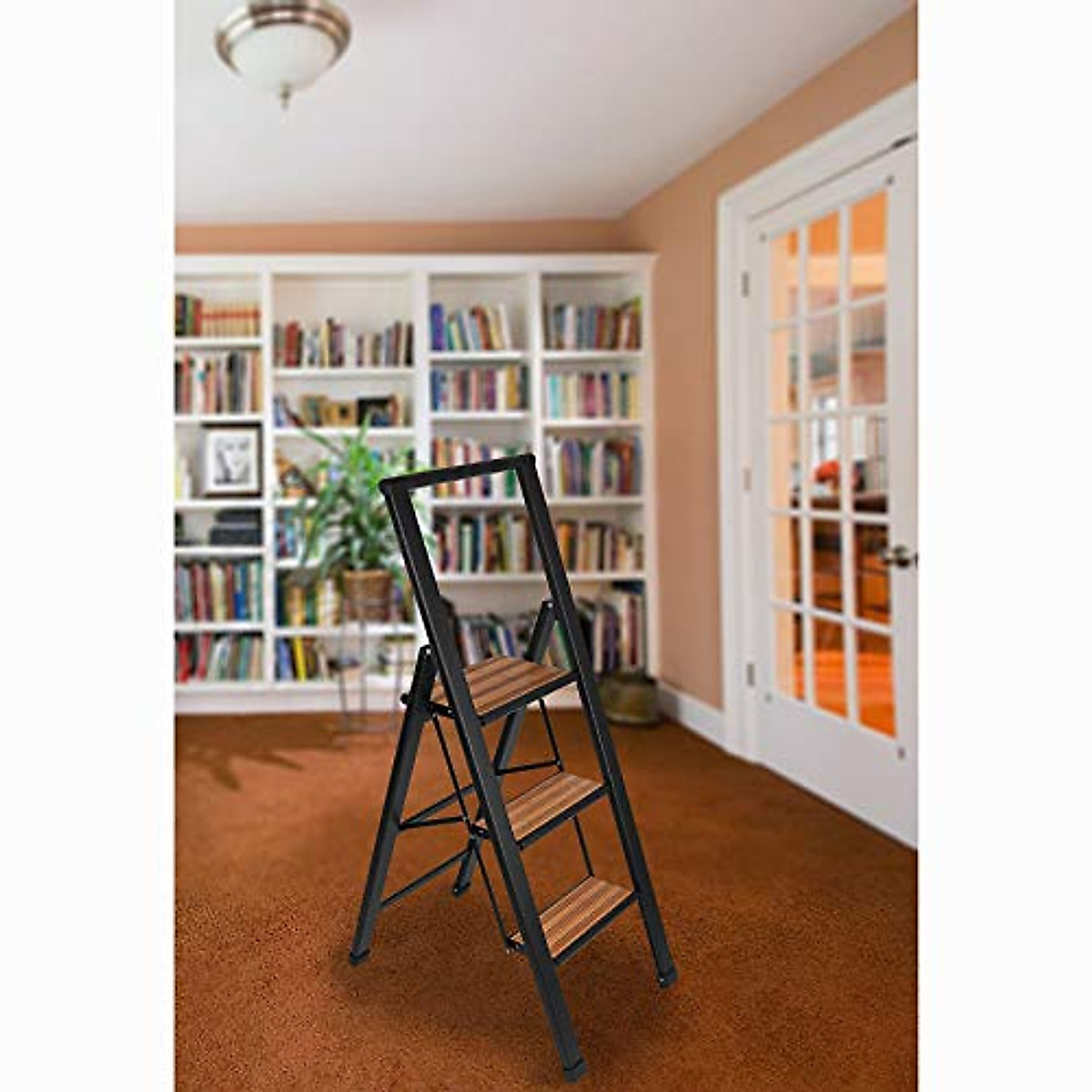 Step Ladder 3 Step Folding, Decorative - Beautiful Bamboo & Black Aluminum, Ultra Slim Profile, Anti Slip Steps, Sturdy-Portable for Home, Office, Kitchen, Photography Use,by SORFEY