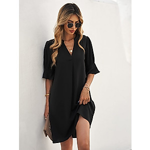 SOLY HUX Women's Notched V Neck Flounce Half Sleeve Casual Short Tunic Dress Black XL