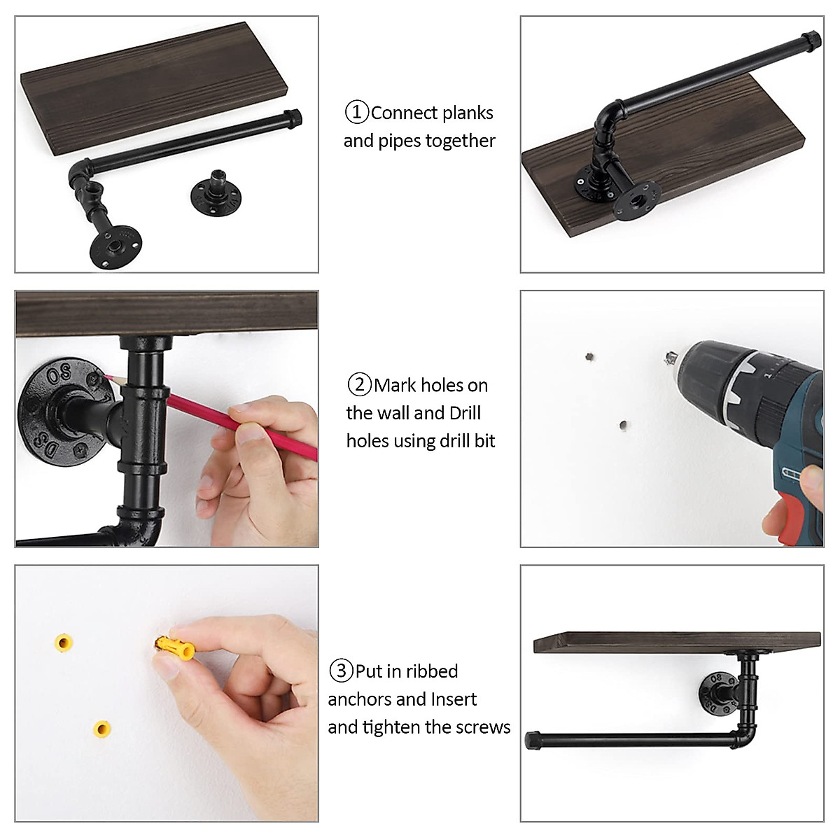 Industrial Wall Paper Towel Holder Wood & Pipe Floating Shelf Vintage Hand Roll Paper Towel Holders Stand Wall Mounted Toilet Paper Storage Rack for Bathroom, Kitchen, Washroom(Rustic Brown)