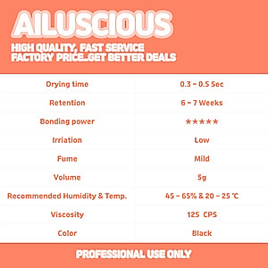 Ailuscious / Super Fast / Eyelash Extension Glue / Professional Lash Extensions / 0.3 - 0.5 Sec Dry Time / 6 - 7 weeks Retention / 5g False Eyelash Lash Glue