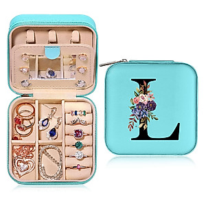 Parima Travel Jewelry Case for for Girls Fashion, L Initial Blue Jewelry Case Mini Jewelry Travel Case for Girls Jewelry Box for Girls Airport Travel Accessories Must Haves Jewelry Case