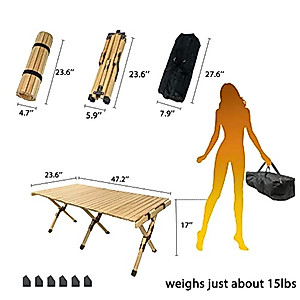 Go-Trio 4ft Low Portable Picnic Table, Boho Picnic Table with Carry Bag, Wooden Picnic Table Foldable, Adjustable Height Roll Up Folding Wooden Table Indoor Outdoor Camping, BBQ, Travel, Beach, Party
