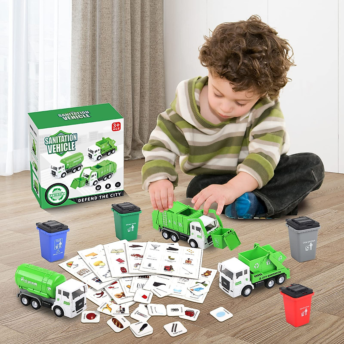 FIVEDAOGANG Garbage Truck Toy, 3 Pack Friction Powered Waste Management Garbage Truck Game with Front Load Dumpster, Back Dump Garbage,4 Trash Bins with 108 pcs Trash Cards, Gift for 3+ Years Old Kids