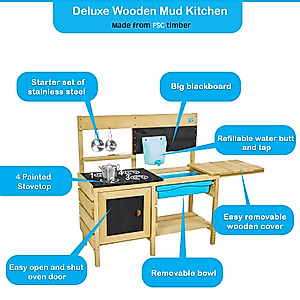 TP Toys, Deluxe Wooden Mud Kitchen for Boys and Girls Ages 3-8 | Kids Outdoor Kitchen Playset with Sand and Water Pan, Play Sink, and Kitchen Accessories | Fun Backyard Pretend Play for Toddlers.
