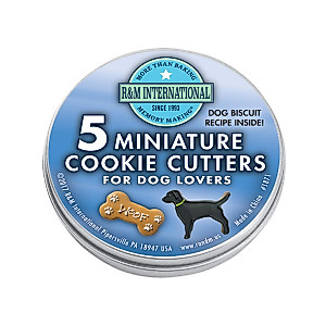 R&M International Mini Dog Cookie Cutters in Storage Tin, Paw, Dog, Fire Hydrant, Bone, House, 5-Piece Set