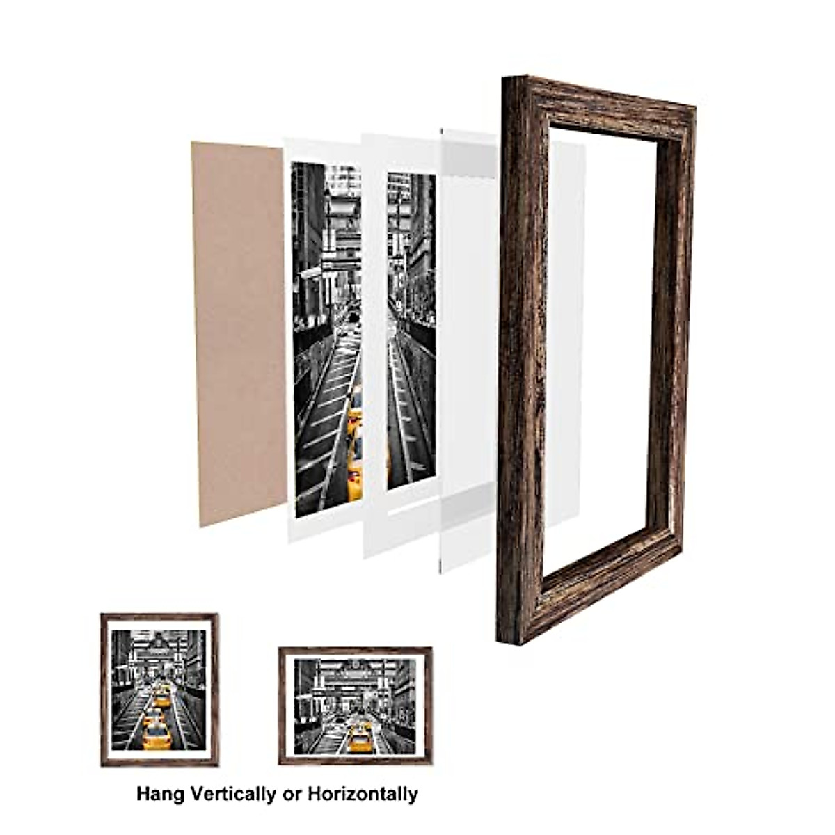 Finefrarm 12x16 Frames Display Pictures 11x14 with Mat or 12x16 Photo Without Mats Farmhouse Distressed Brown Picture Frames Wall Art for Living Room Wall Mounting Decor