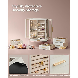 SONGMICS Jewelry Box 360° Rotating, Jewelry Storage Case with 5 Drawers, Jewelry Organizer, Glass Window, Spacious, Vertical Jewelry Storage, Open Design, Christmas Gift, Cloud White UJBC170W01