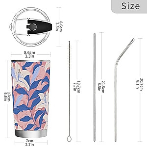 Large White Lily Flowers Blue Leaves Stainless Steel mugs for hot and cold with Straw Leak Resistant Flip coffee mug insulated for gym reusable tumblers with lids and straws 20 OZ