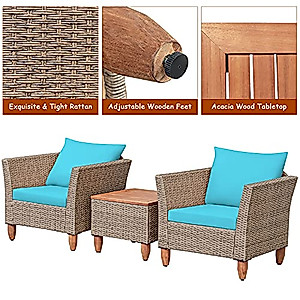 Tangkula 3 Piece Patio Furniture Set, Outdoor Wicker Rattan Bistro Sofa Set w/Washable Cushion, Acacia Wood Top Coffee Table, Conversation Set w/Adjustable Feet for Balcony Backyard Porch (Turquoise)