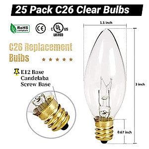 Supernoor 25 Pack Clear Torpedo Tip Replacement Bulbs,7 Watts Replacement Light Bulbs C26 Window Candle Bulbs,Electric Candle Light Bulbs,Chandeliers Clear Incandescent E12 Candelabra Base 120V Bulbs