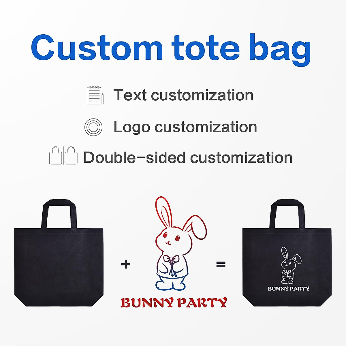 Scanect Custom Tote Bags 100 Pack, Personalized Logo Text, Bulk Grocery Bags, Reusable Shopping Bags Black