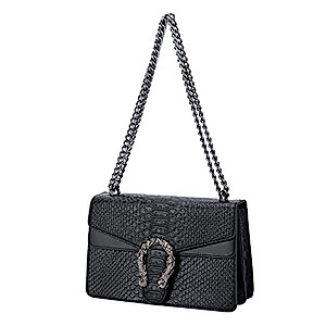 Leather Shoulder Bag Chain Purse for Women - Fashion Crossbody Bags Vintage Snake Print Underarm Bag Square Satchel Clutch Handbag(Black)