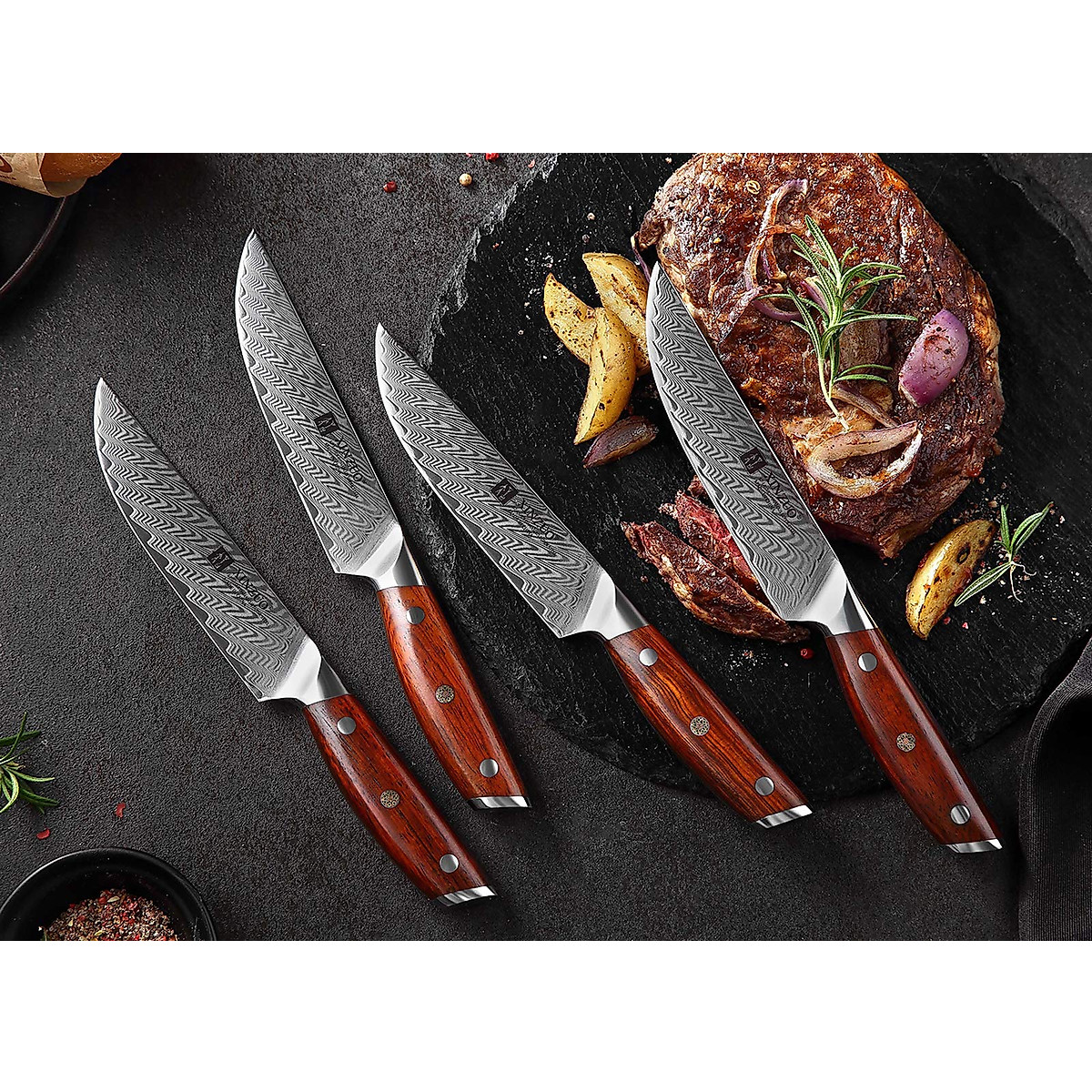 XINZUO Damascus Steel 4Pcs Steak Knife Set, 5 Inch Premium Dinner Knife Set Sharp Kitchen Table Knives -Straight Edge Blade -Triple Rivet -with Gift Box -Ergonomic Rosewood Handle-Yi Series