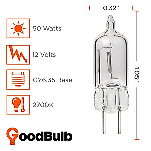 GoodBulb 50-Watt JC Light Bulb | GY6.35 Base 12V | High Output Halogen Light | 3000K Soft White Color | Clear Finish | 2000 Life Hours | Pack of 10 Bulbs