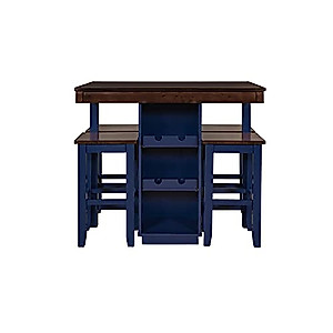 Merax 5 Pieces Dining Table Set, Farmhouse Wood Counter Height Dining Set, Kitchen Table with 3-Tier Adjustable Storage Shelves, Wine Racks and 4 Stools (Brown and Blue)