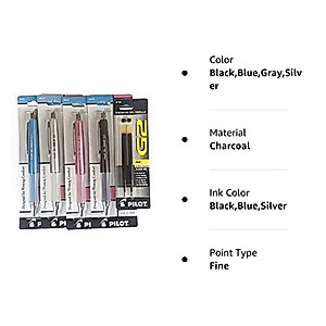 (4) Pilot Dr. Grip Limited Retractable Rolling Ball Gel Pen, Fine Point, Metallic Mauve Barrel, Metallic Ice Blue Barrel, Silver Barrel, Charcoal Gray Metallic Barrel,Black Ink, 2 Black Refill