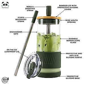 Pandaloo Glass Cups With Lids and Straws -20 Fl Oz- Perfect for Iced Coffee, Smoothie Cup With Bamboo Lid and On the go Lid (1 Count (Pack of 1), Mediterranean Olive)