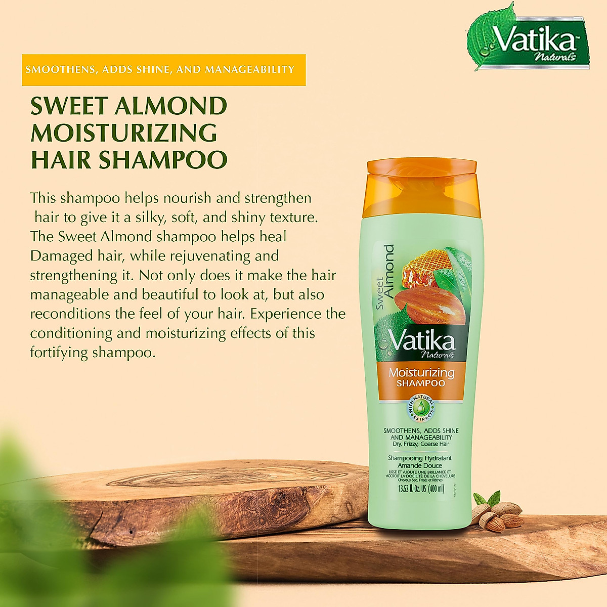 Vatika Naturals Daily Shampoo for Women - Nourish and Rejuvenate Your Natural Hair - Sweet Almond Strengthening & Moisturizing Hair Cleanser for Curly, Damaged and All Hair Types (400ml)
