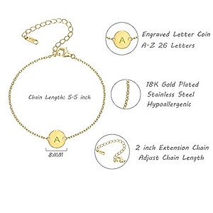 Ovian Initial Charm Bracelet for Women 18K Gold Plated stainless steel Coin Disc Engraved Letter J Bracelet Personalized Monogram Name Bracelet for Girls