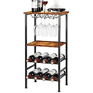 Wine Rack Freestanding Floor, Wine Rack Table Wine Bar Cabinet with Glass Holder Wine Rack with Storage Shelves Wine Rack Shelf Stand Wine Display Rack Hold 8 Bottle and 9 Glasses, Industrial Brown