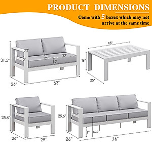 MU Aluminum Patio Furniture Set, 5 Pieces Modern Outdoor Sectional Sofa Couch with Upgrade Cushion and Coffee Table, Oversized Patio Conversation Set, White Frame and Light Grey Cushion