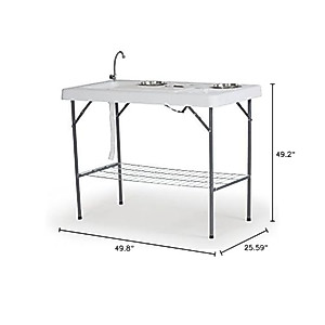 Old Cedar Outfitters Deluxe Fish Fillet Table, or Portable Folding Camping Kitchen with Cutting Board, Bowls, Knife, Odor Bar, Sink, Drain and More! 49.8" x 25.6" x 37.2", White,Camp