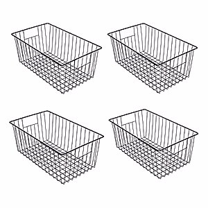 16inch Freezer Wire Storage Organizer Baskets, Refrigerator Metal Bins with Handles for Kitchen, Pantry, Cabinet, Closets - Set of 4 (Black 4)