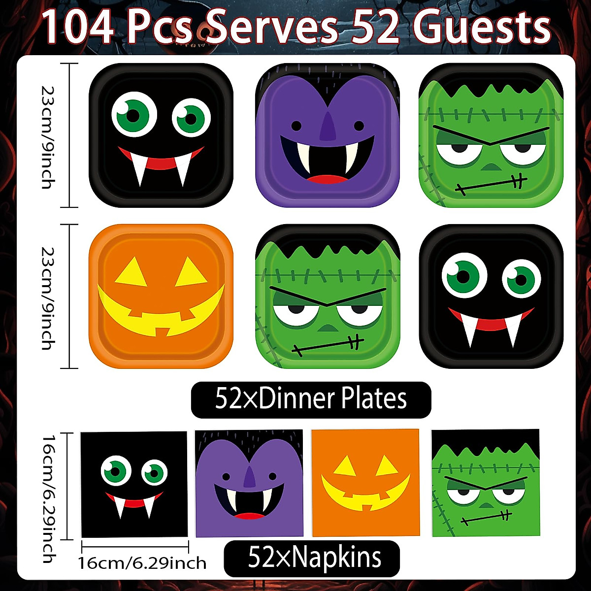 Halloween Plates and Napkins Set Halloween Party Supplies 4 Design Pumpkin Vampire Bat Disposable Plates Tableware Decor for Spooky Themed Party Birthday Holiday Dinner Decorations, Serves 52 Guests