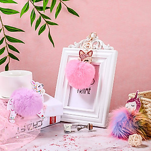 WILLBOND 3 Pieces Cute Animal Unicorn Pom Pom Keychain Faux Fluffy Key Ring for Women Girls (Fox Alpaca Unicorn Style)