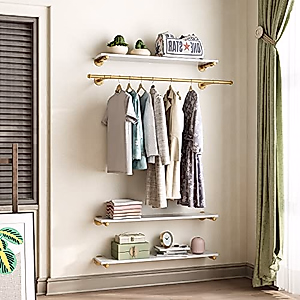 HOMEKAYT Gold Clothing Rack Wall Mounted Garment Rack with Wooden Shelves Set of 3 for Office Bedroom Living Room-GOLD