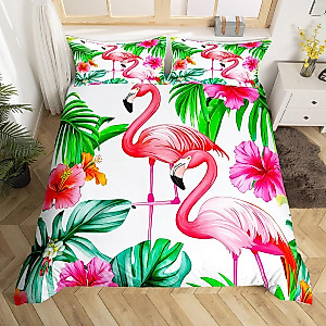 Pink Flamingo Bedding Set Palm Leaves Printed Decor Duvet Cover Full Size Tropical Green Plants Floral Pattern Natural Theme Soft Comforter Cover with Zipper Ties,1 Duvet Cover with 2 Pillow Cases
