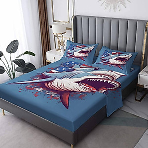 Shark Sheets Full Size, American Flag Bed Sheets, Patterned Bedding Sheets & Pillowcases 4 Piece Set - Soft Microfiber Deep Pocket Fitted Sheet & Flat Sheet & 2 Pillow Cases L8-&-191