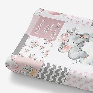 HawSkgFub Sleeping Elephant Floral Changing Pad Cover for Baby Girls Pink, Dream Big Little One Flower Diaper Change Table Covers, Soft Stretchy Safe Snug Fitted Changing Mat Sheets Fit 32"/34" x 16"