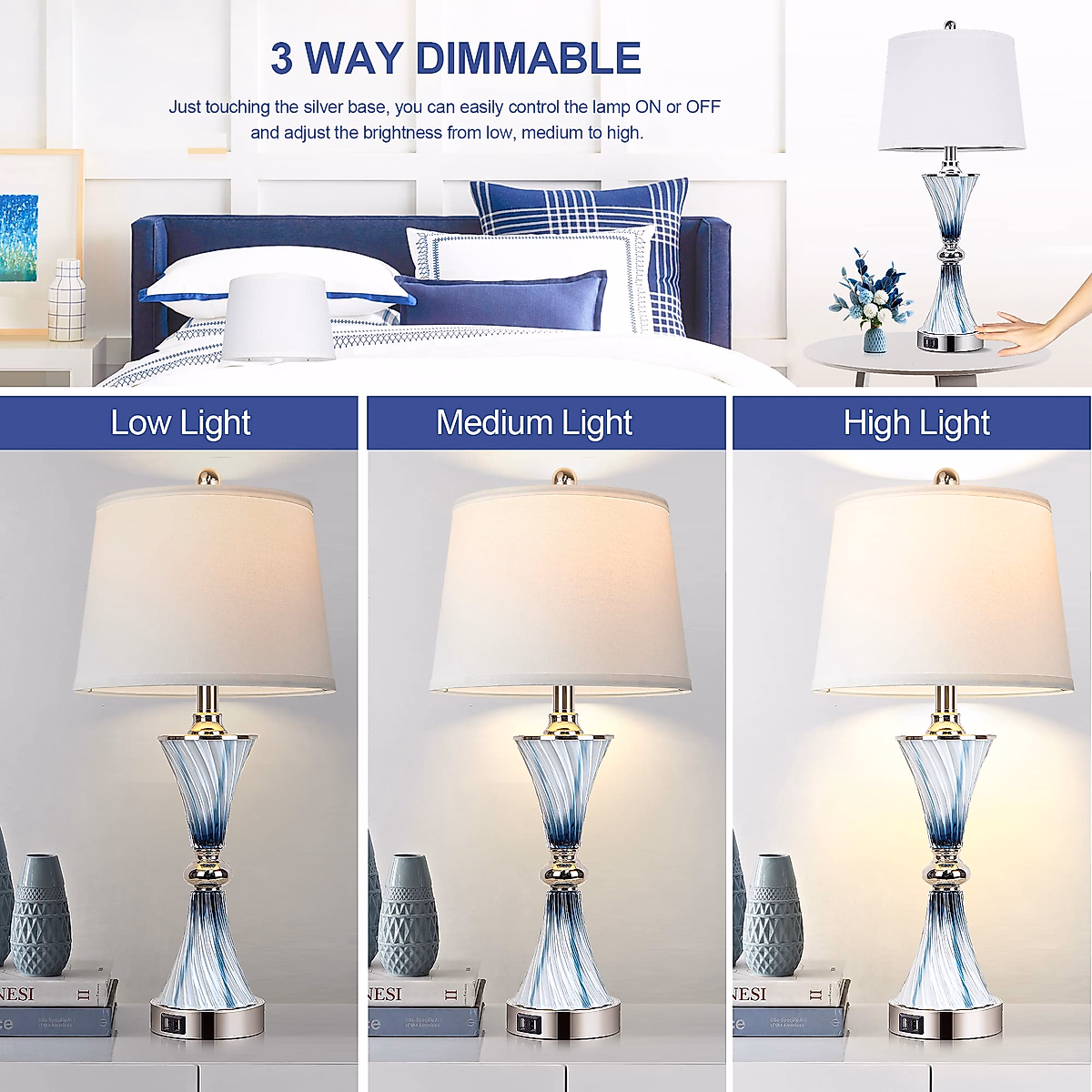Set of 2 Blue Glass Table Lamps for Bedrooms with 2 USB ports 3-Way Dimmable Touch Coastal Bedside Lamps for Contemporary Style Modern Nightstand Lamps with 2 LED Bulbs for Home Lighting Decoration