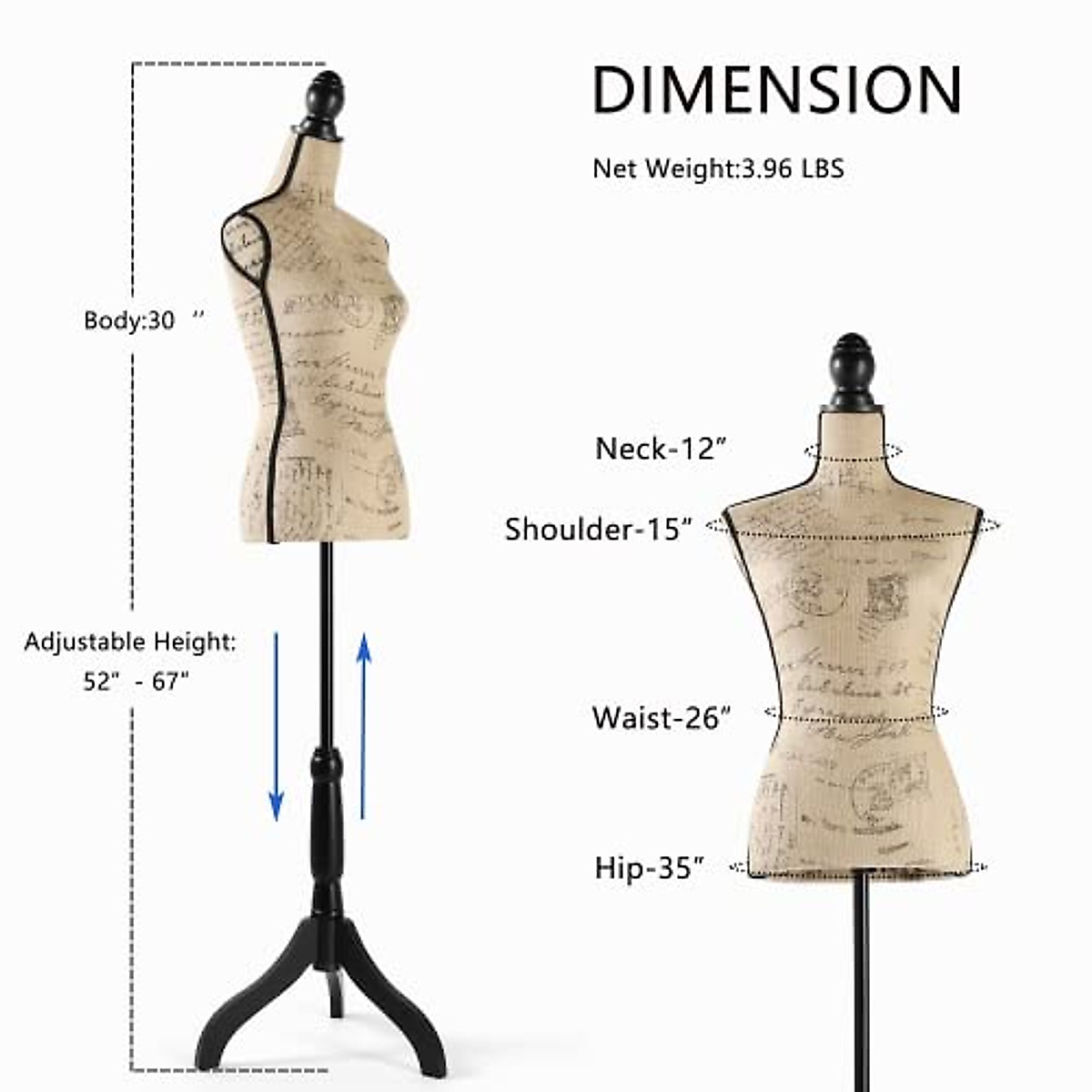 Encomle Dress Form Female Mannequin Torso, Height Adjustable Mannequin Body with Stand for Sewing, Display, Brown