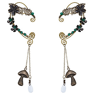 Renaissance Handmade Cherry Blossom Elf Fairy Ear Cuffs - Bronze Forest Antique Vintage Earrings with Green Rhinestone Delicate Dangle Ear Jewelry for Women Christmas Halloween Costume Dress Up Accessory