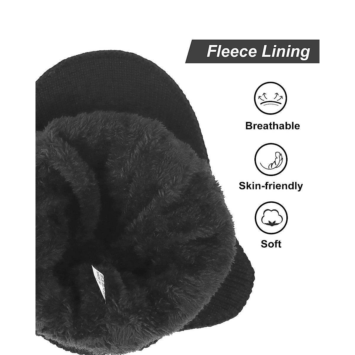 Koreshion Men's Winter Visor Beanie Hat with Earflaps Knit Baseball Cap with Brim Ski Hat Warm Fleece Lined Hunting Hat Black
