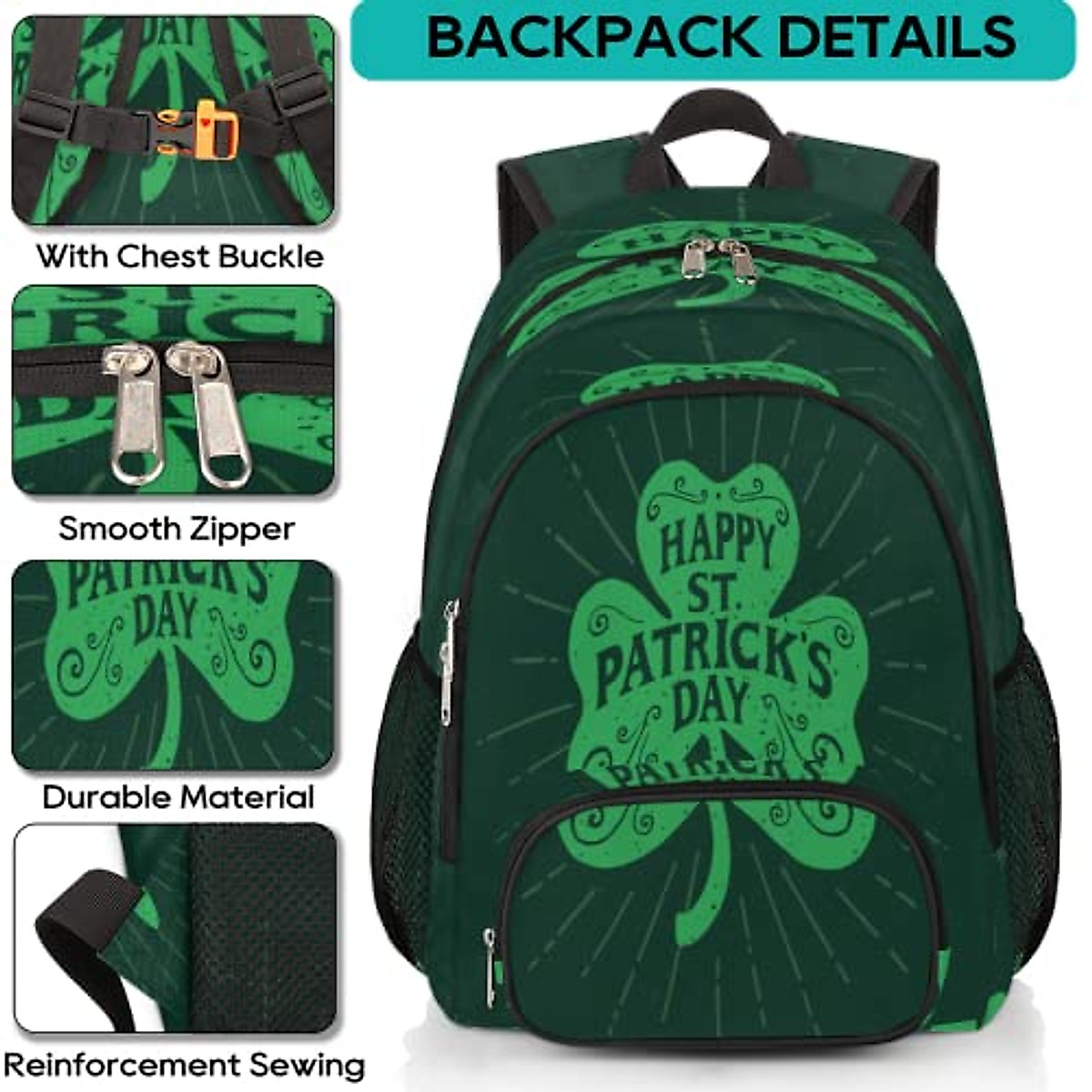 St. Patrick's Day Green Clover Bookbag School Backpack Teens Girls Boys Schoolbag Shoulder Computer Hiking Gym Travel Casual Travel Daypack