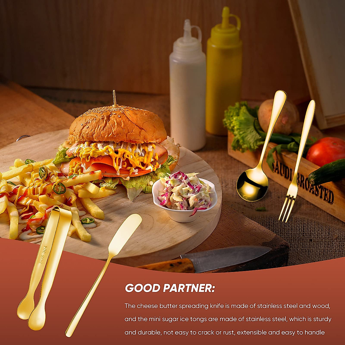 Cheese Butter Spreader Knives Set Charcuterie Accessories Stainless Steel Spreader Knives Charcuterie Boards Utensils Mini Serving Tongs Spoons and Forks for Pastry Making (Golden)