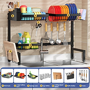 SNSLXH 2 Tiers 3 Baskets Over The Sink Dish Drying Rack, Kitchen Large Shelf, Suitable for 99% Sinks, Effective Drainage Drying, Kitchen Drainage Rack, 24.8"-35.4"