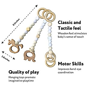 Foldable Wooden Baby Play Gym+Animal Sensory Hanging Rattle Toys(2 PCS)+Baby Teething Toys(3 PCS), with Babies Visual/Cognitive/Sensory Stimulation-for Babies 0-12 Month